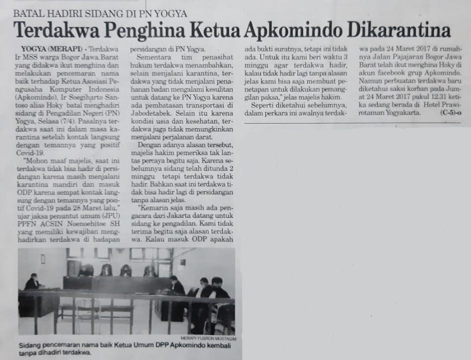 BATAL HADIRI SIDANG DI PN YOGYA, Terdakwa Penghina Ketua Apkomindo ...
